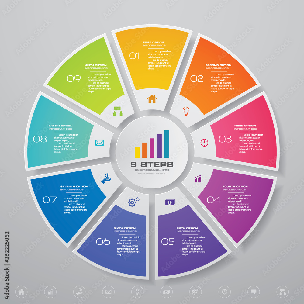 9 steps cycle chart infographics elements for data presentation. EPS 10 ...