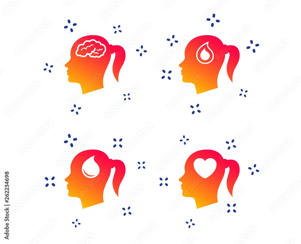 Head with brain icon. Female woman think symbols. Blood drop donation ...