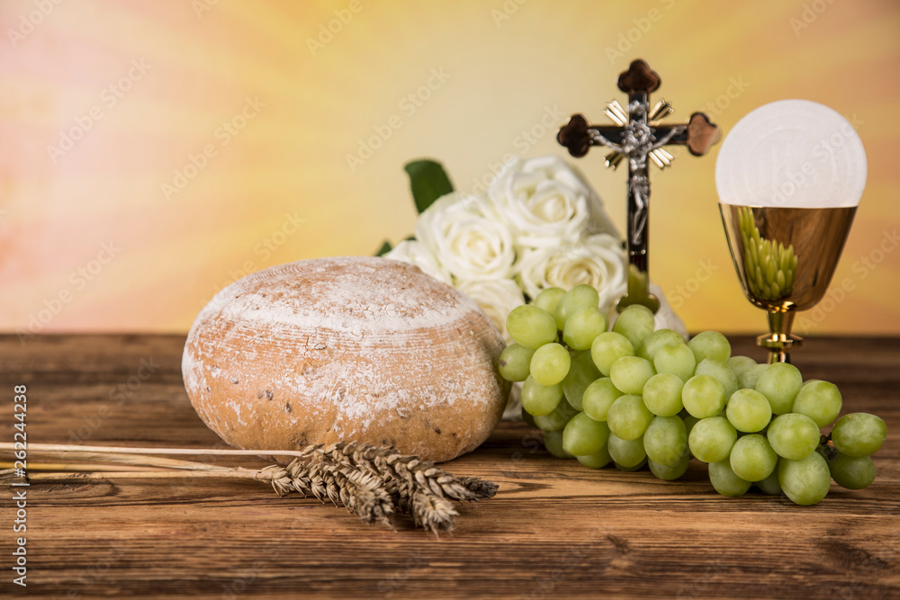Holy communion a golden chalice with grapes and bread wafers Stock ...