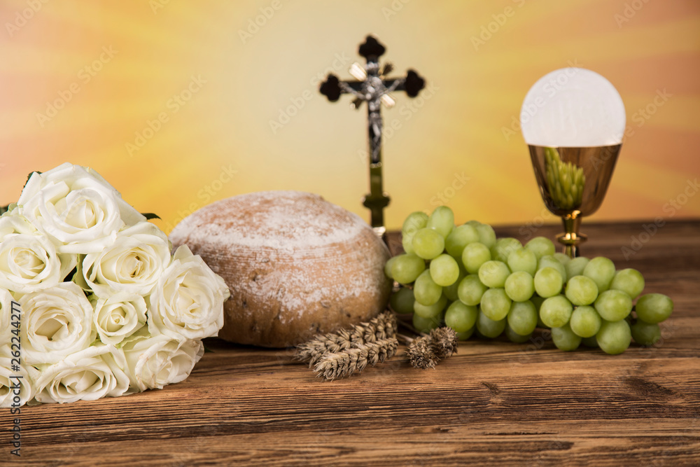 Holy communion a golden chalice with grapes and bread wafers Stock ...
