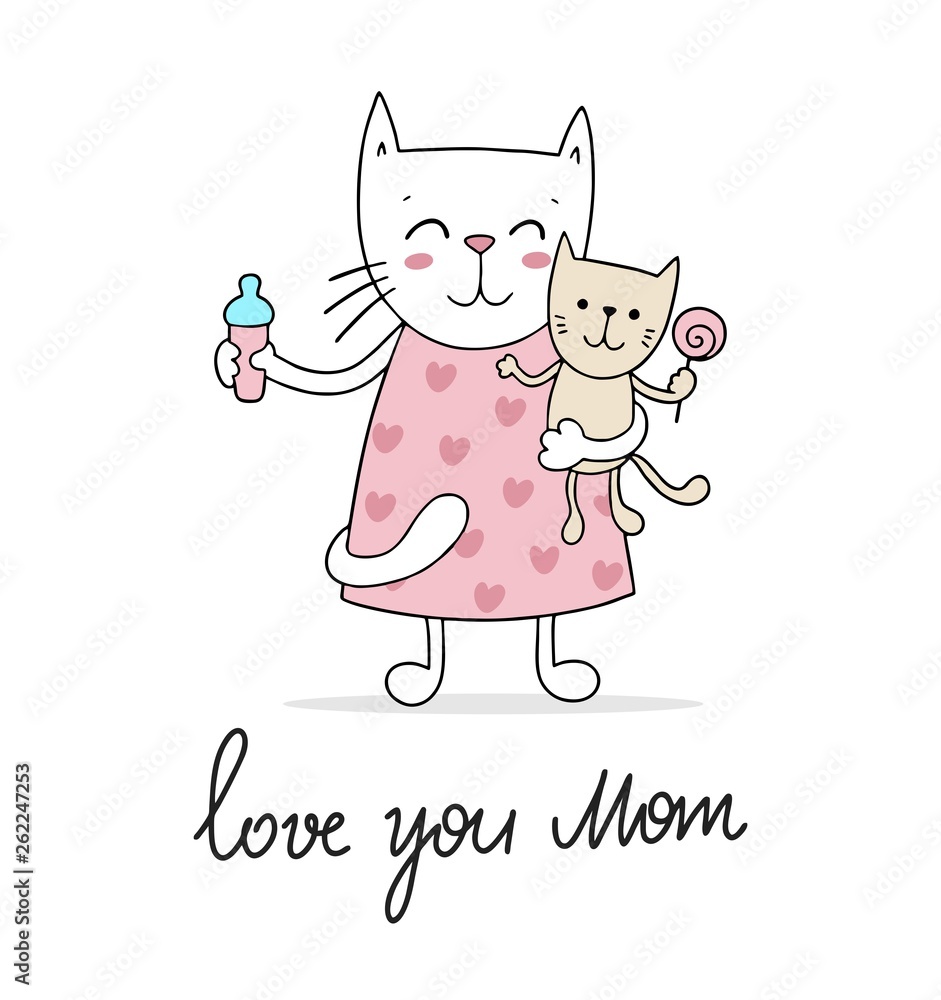 Kitty mom with her baby small cat. Happy Mother`s Day animal cartoon ...