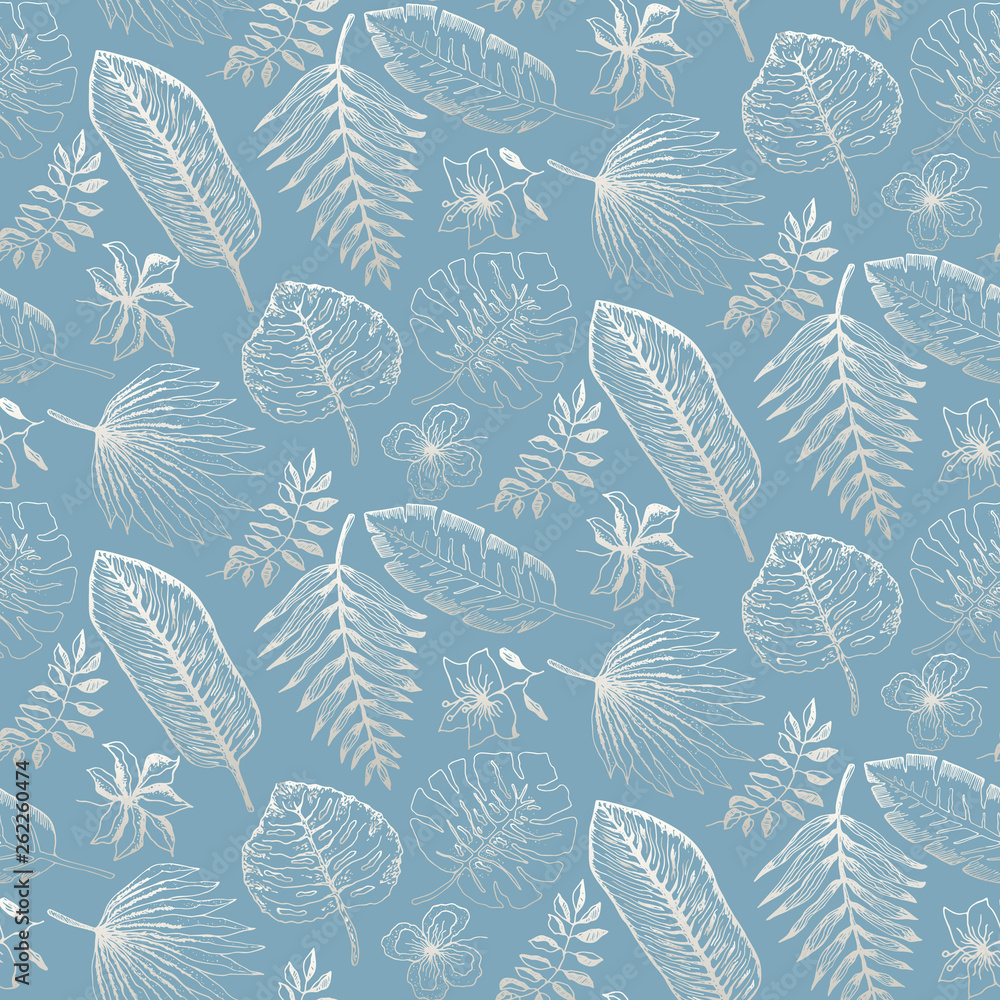 Elegant seamless pattern with outline silver tropical leaves and ...