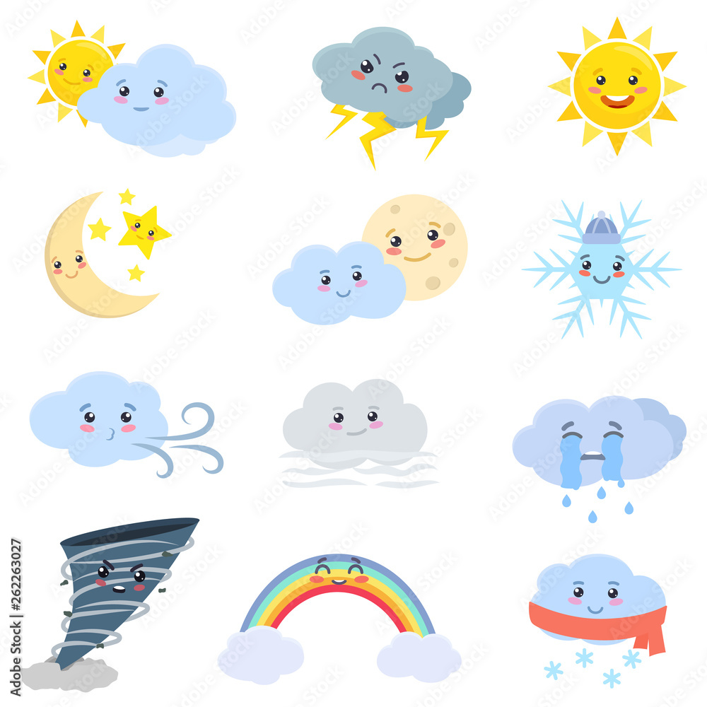 Weather set. Cloud, sun, rain, wind, fog, snow, tornado, moon, etc ...