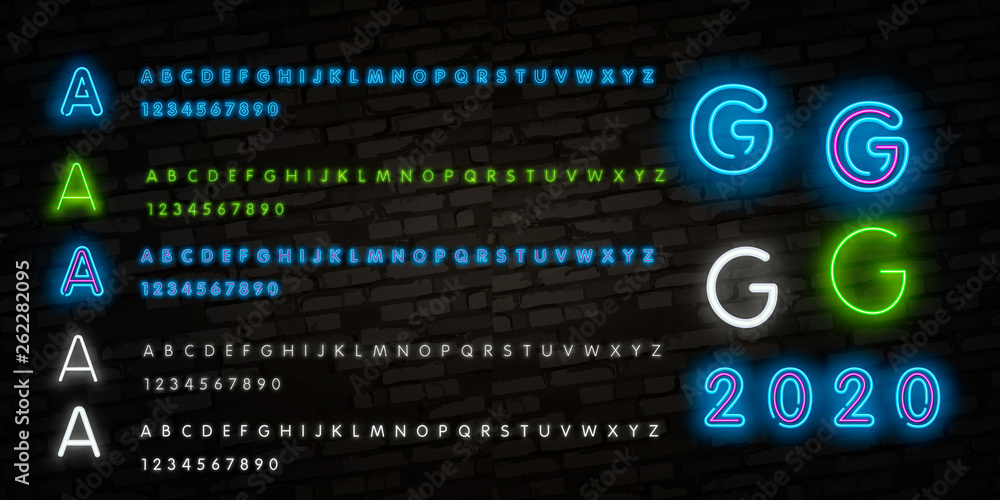 Vecteur Stock Big Collection of Bright Neon Alphabet Letters, Numbers ...