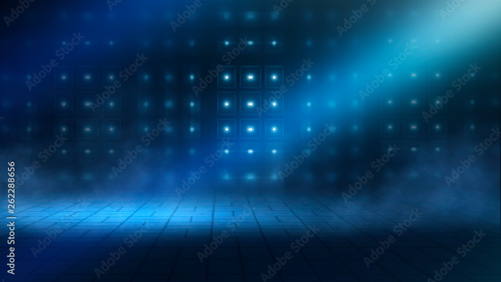 Dark empty stage, street, night smog and smoke, neon light. Dark ...