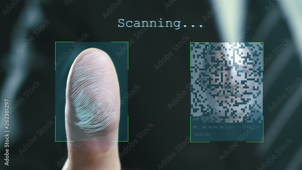 Futuristic digital processing of fingerprints as man holds his hand ...