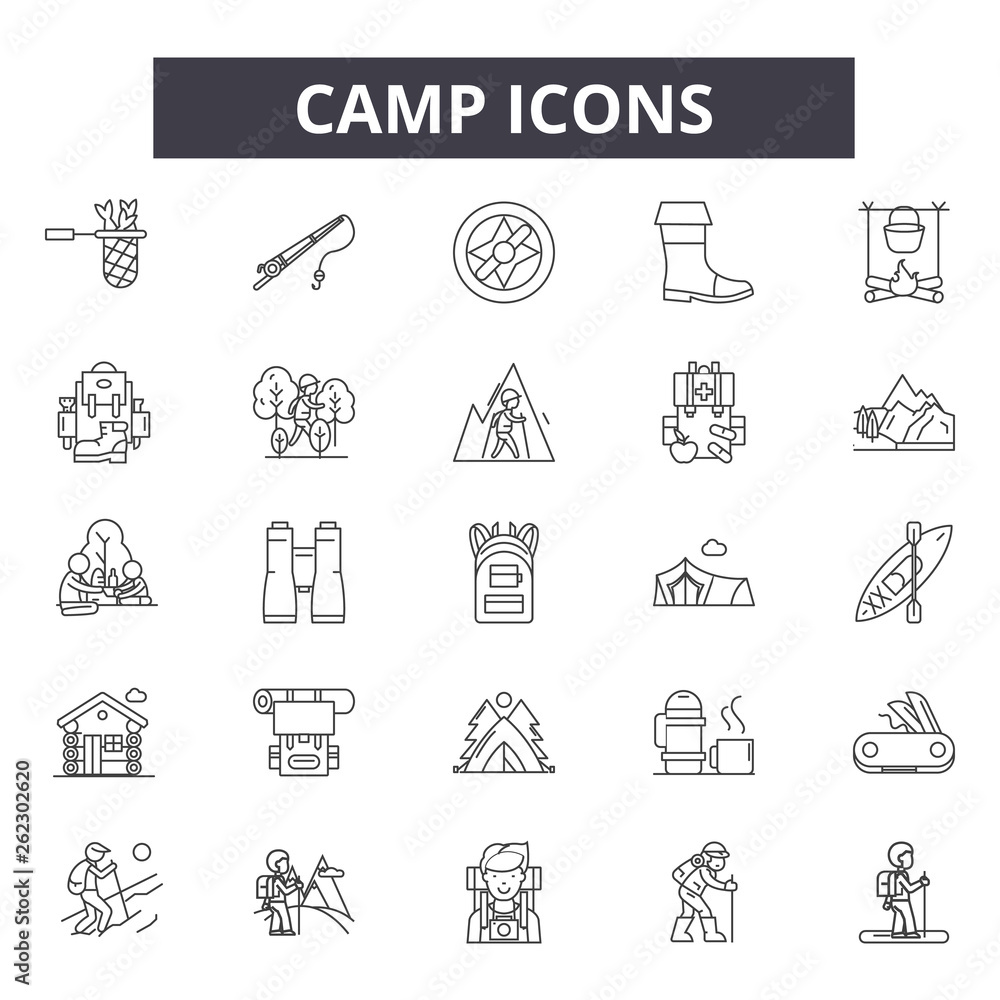 Camp line icons, signs set, vector. Camp outline concept illustration ...