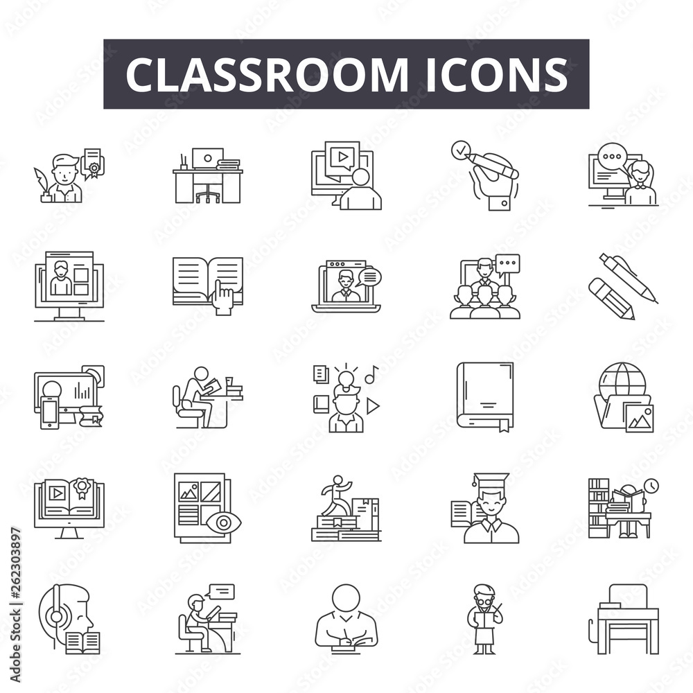Classroom line icons, signs set, vector. Classroom outline concept ...