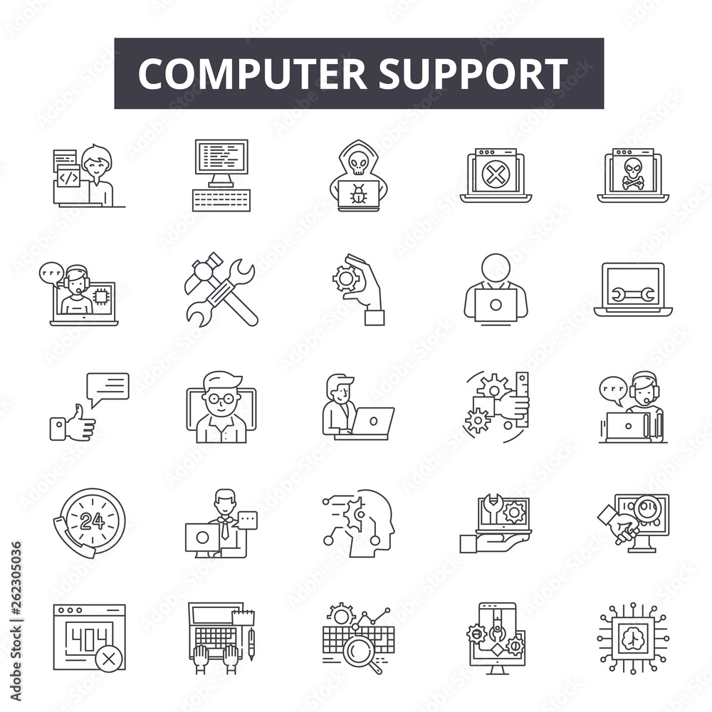 Computer support line icons, signs set, vector. Computer support ...
