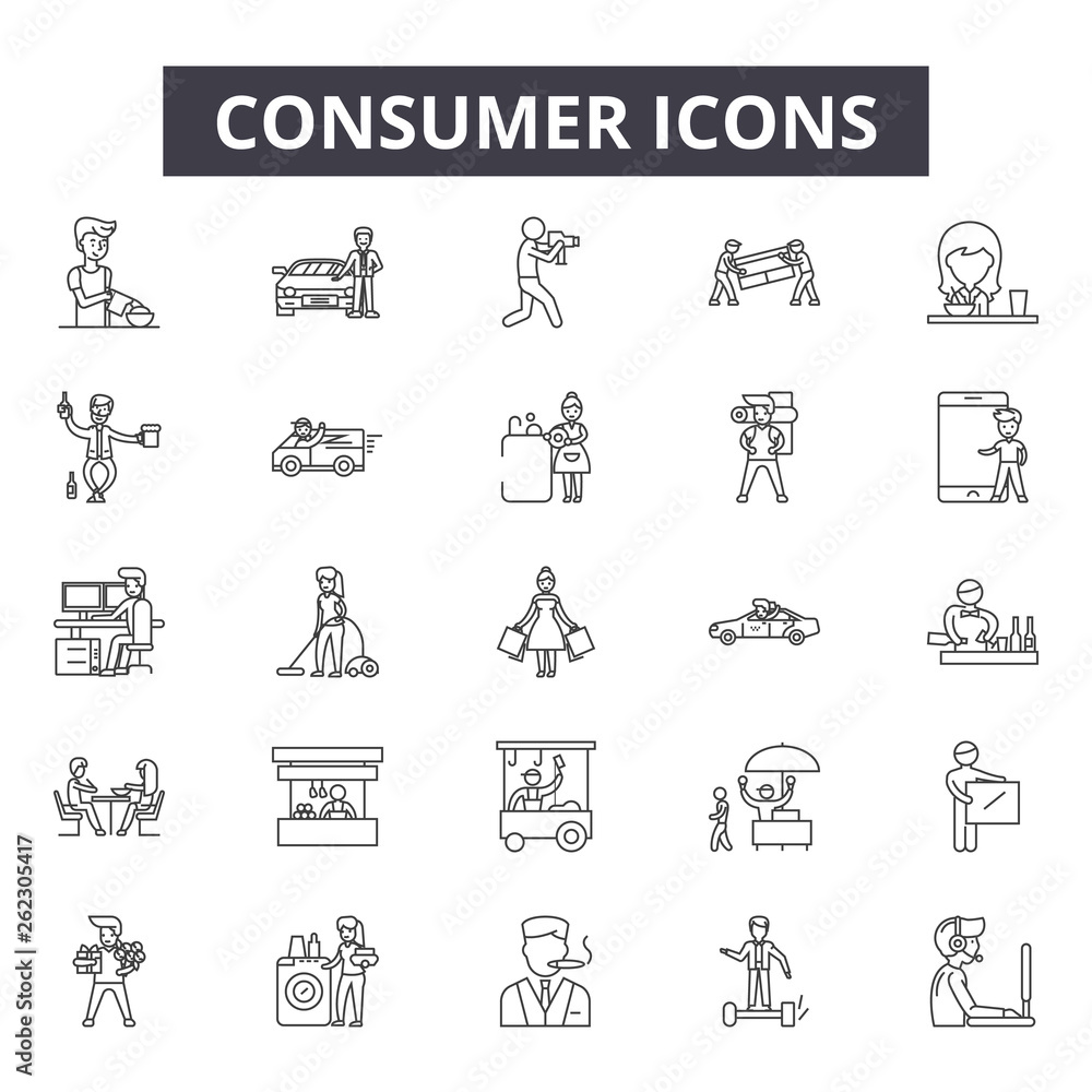Consumer line icons, signs set, vector. Consumer outline concept ...