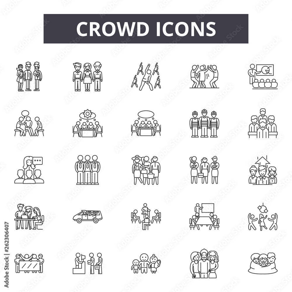 Crowd line icons, signs set, vector. Crowd outline concept illustration ...