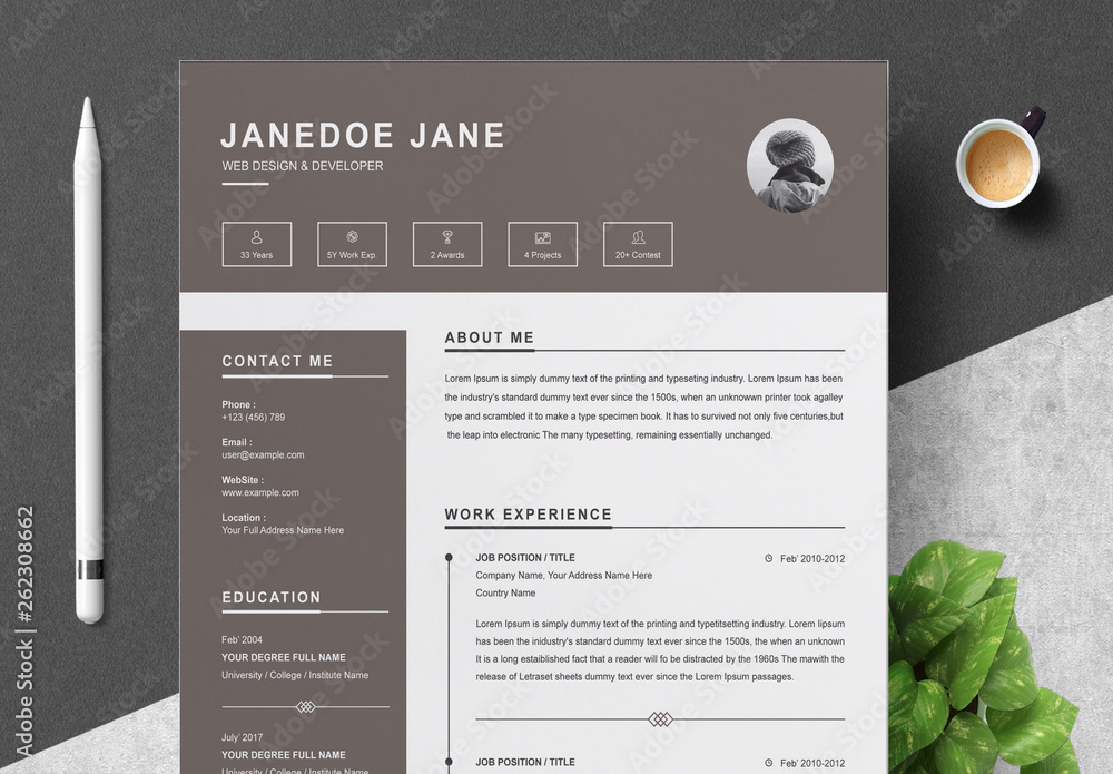 Resume Layout with Dark Brown Accents Stock Template | Adobe Stock