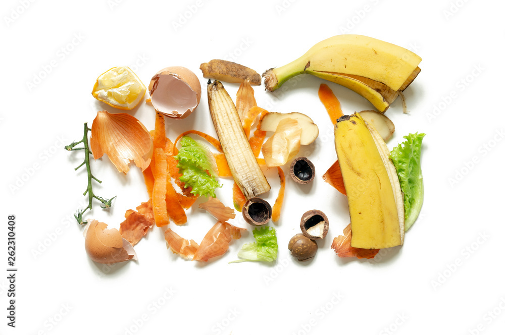 Different food waste on white background top view. Clean banana, egg ...