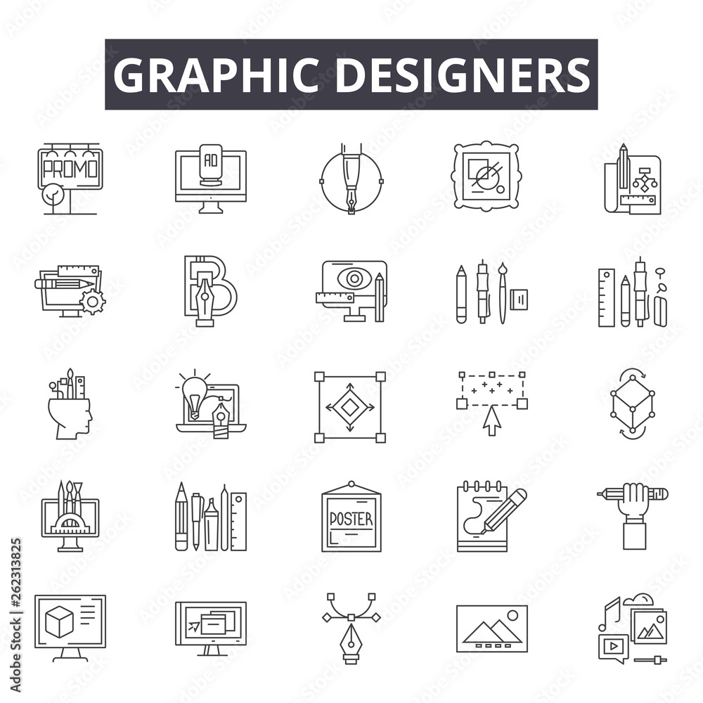 Graphic designers line icons, signs set, vector. Graphic designers ...
