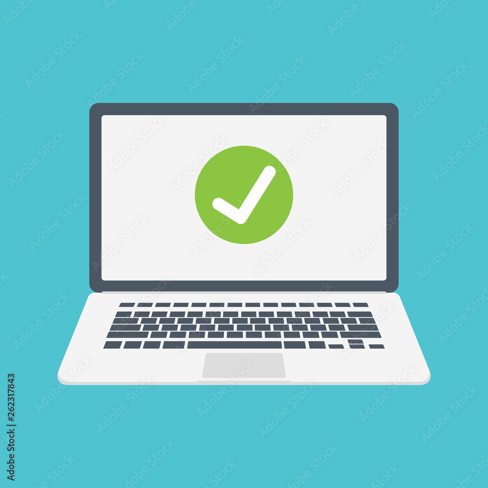 Laptop and check mark. Notebook. Successful update, accept, access ...