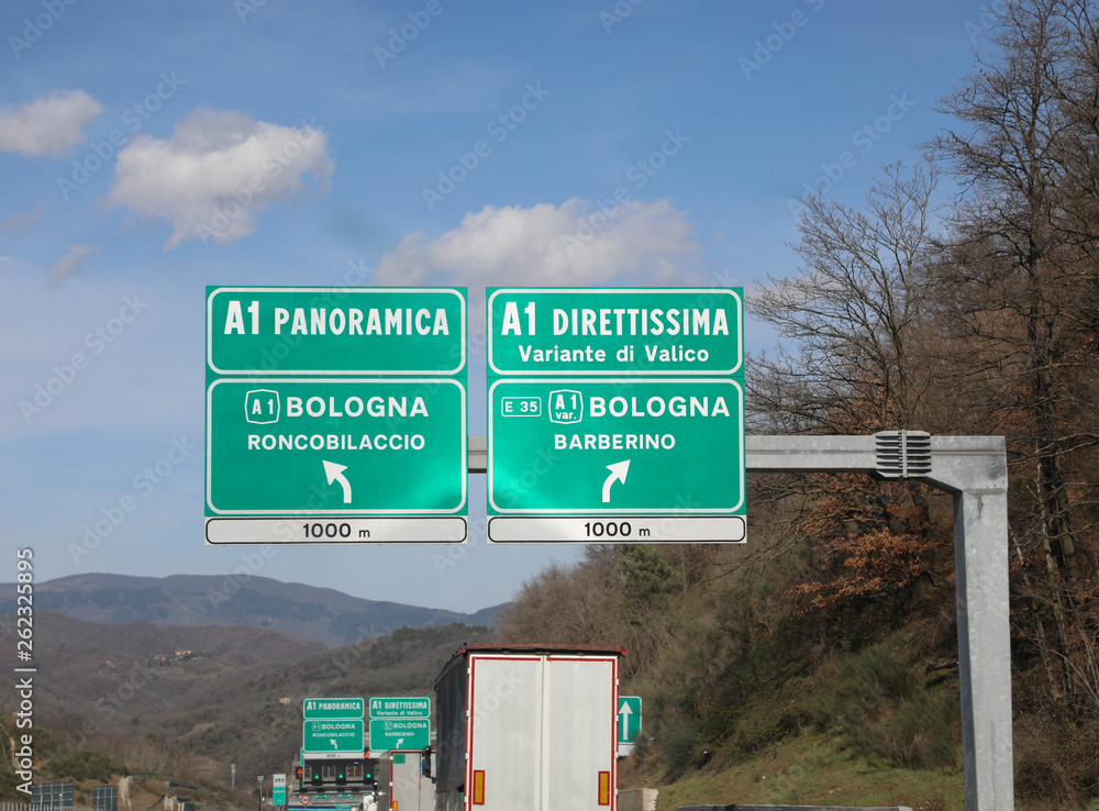 italian traffic signs with two roads Panoramica or Direttissima Stock ...