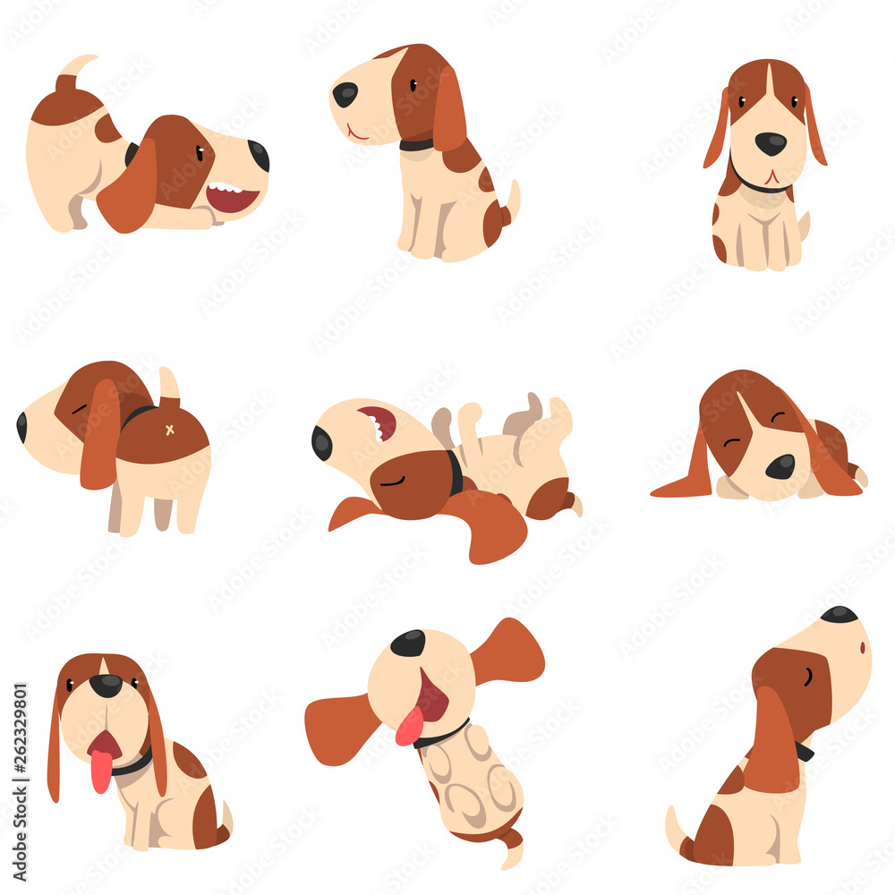 Cute beagle dog in various poses set, funny animal cartoon character ...