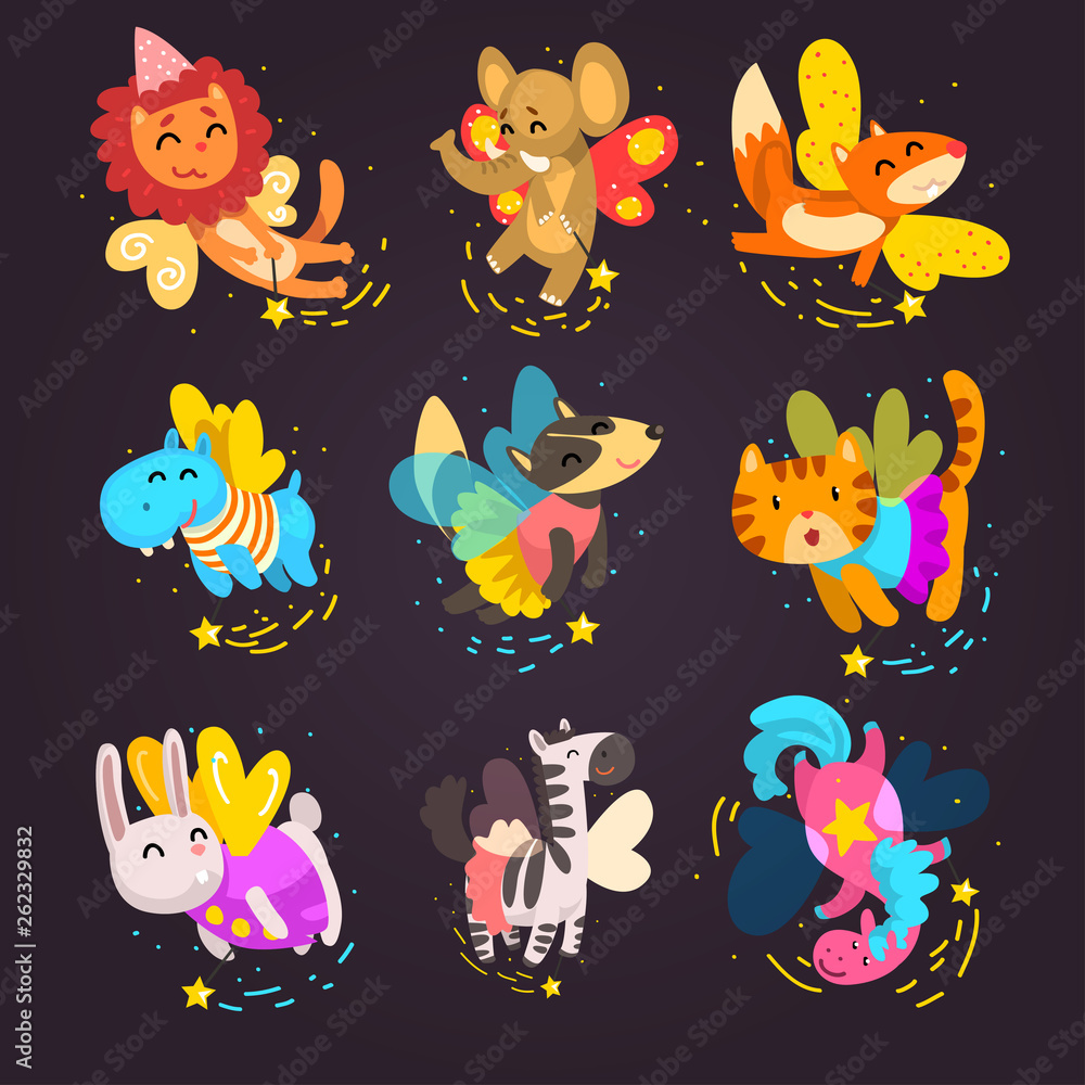 Collection of cute winged animals with a magic wands, fantasy fairy ...