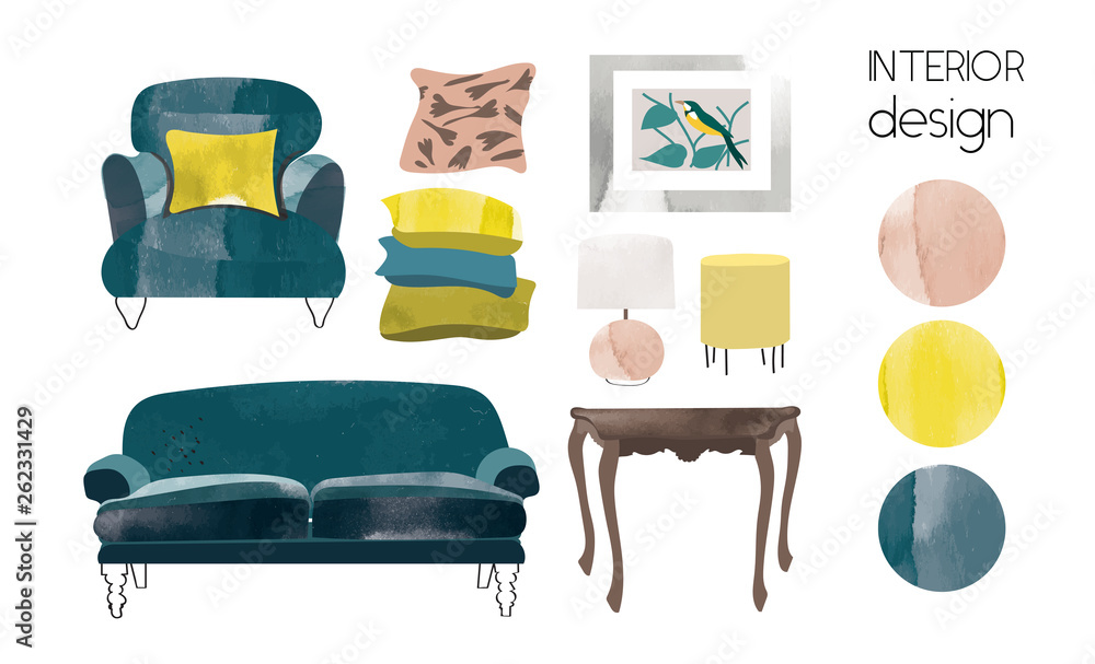 vector interior design watercolour illustration. furniture collection ...
