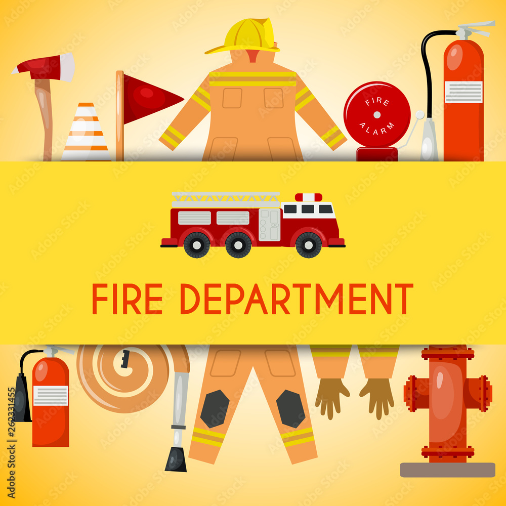Fire department banner vector illustration. Firefighting equipment and ...