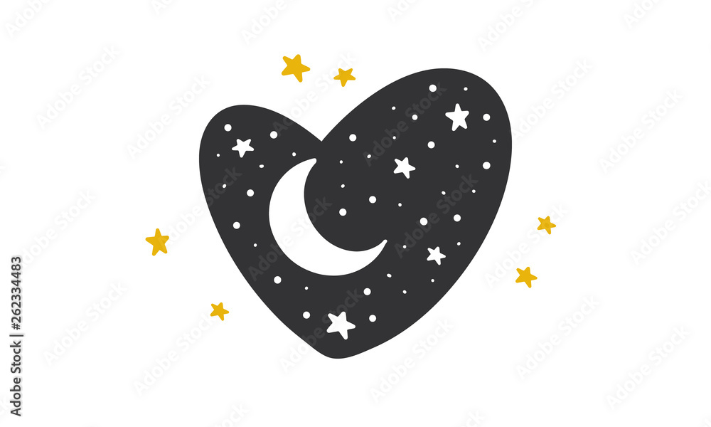 Heart with moon and stars. Unique and cute hand drawn nursery poster ...