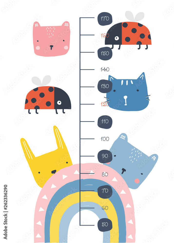 Kid height chart with cute animals. Scale 1:1. Vector hand drawn ...