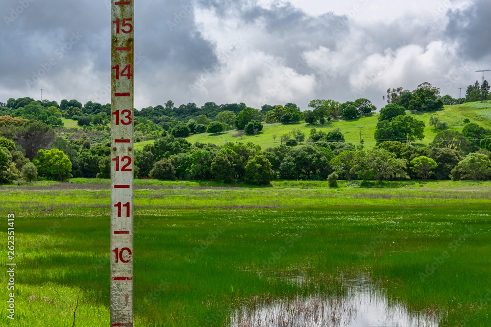 Water level gauge indicator monitor the flood water in dam, lake on ...