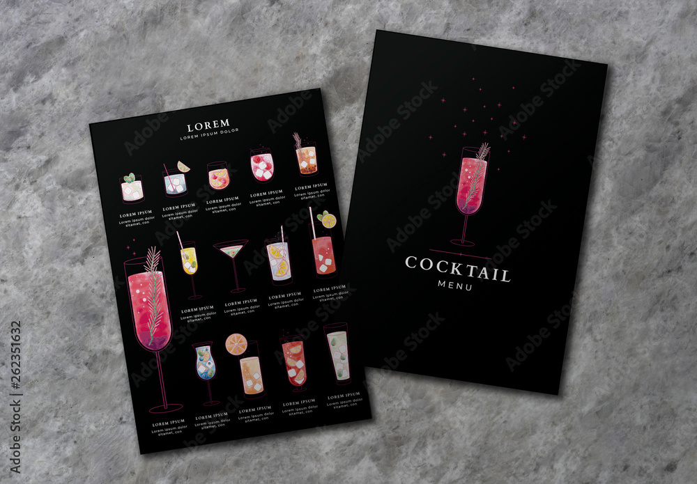 Illustrative Cocktail Menu Design Layout With Black Background Stock ...