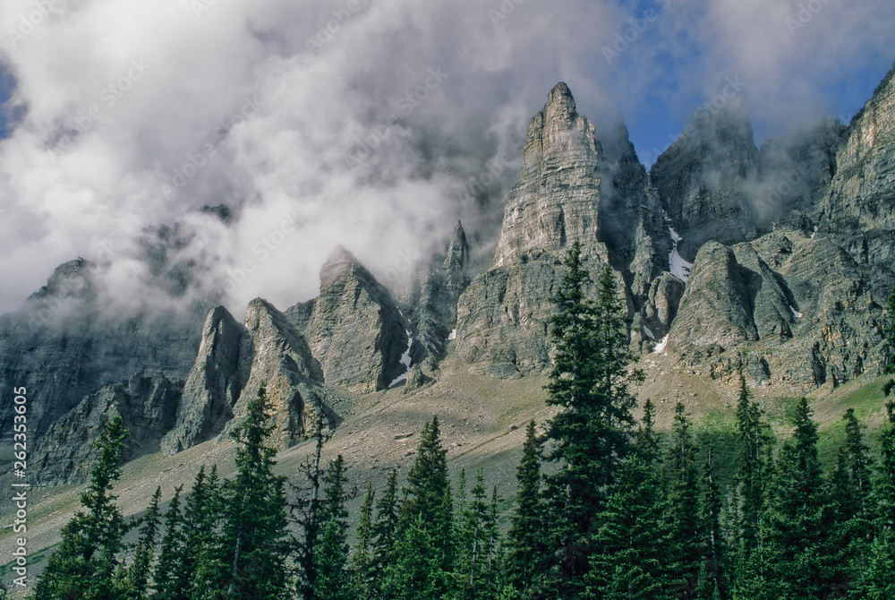 Cloud enshrouded Mount Babel, Banff National Park, Canada Stock Photo ...