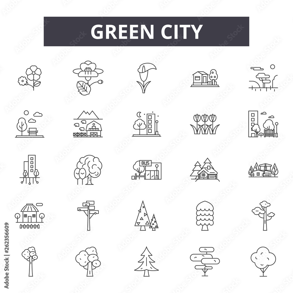 Green city line icons, signs set, vector. Green city outline concept ...
