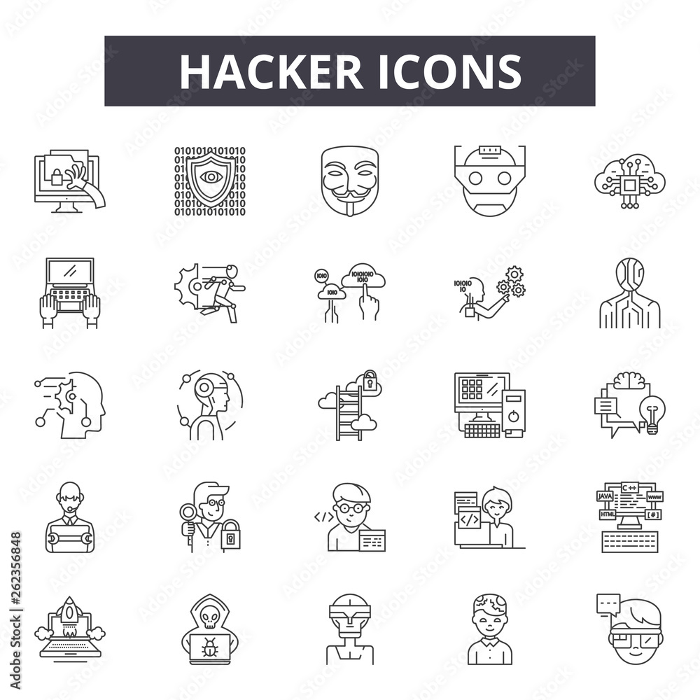 Hacker line icons, signs set, vector. Hacker outline concept ...
