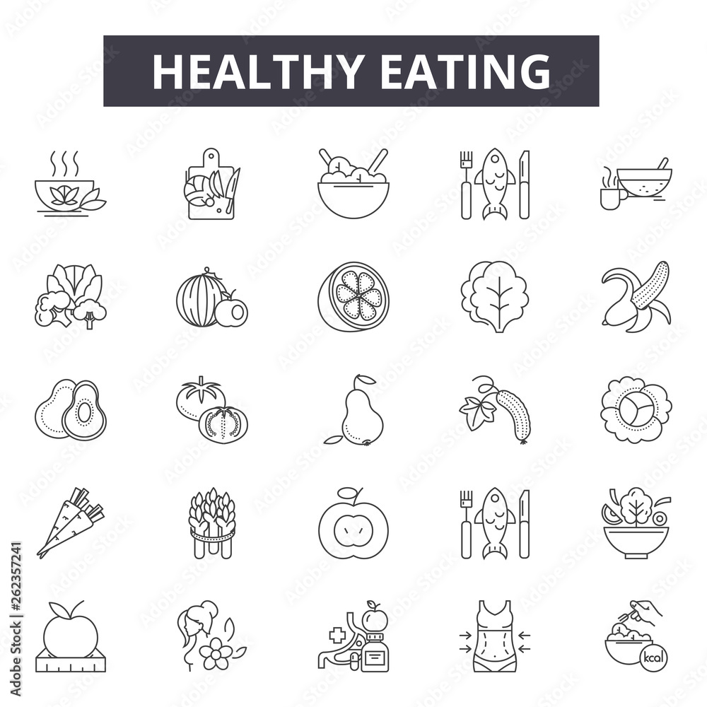 Healthy eating line icons, signs set, vector. Healthy eating outline ...