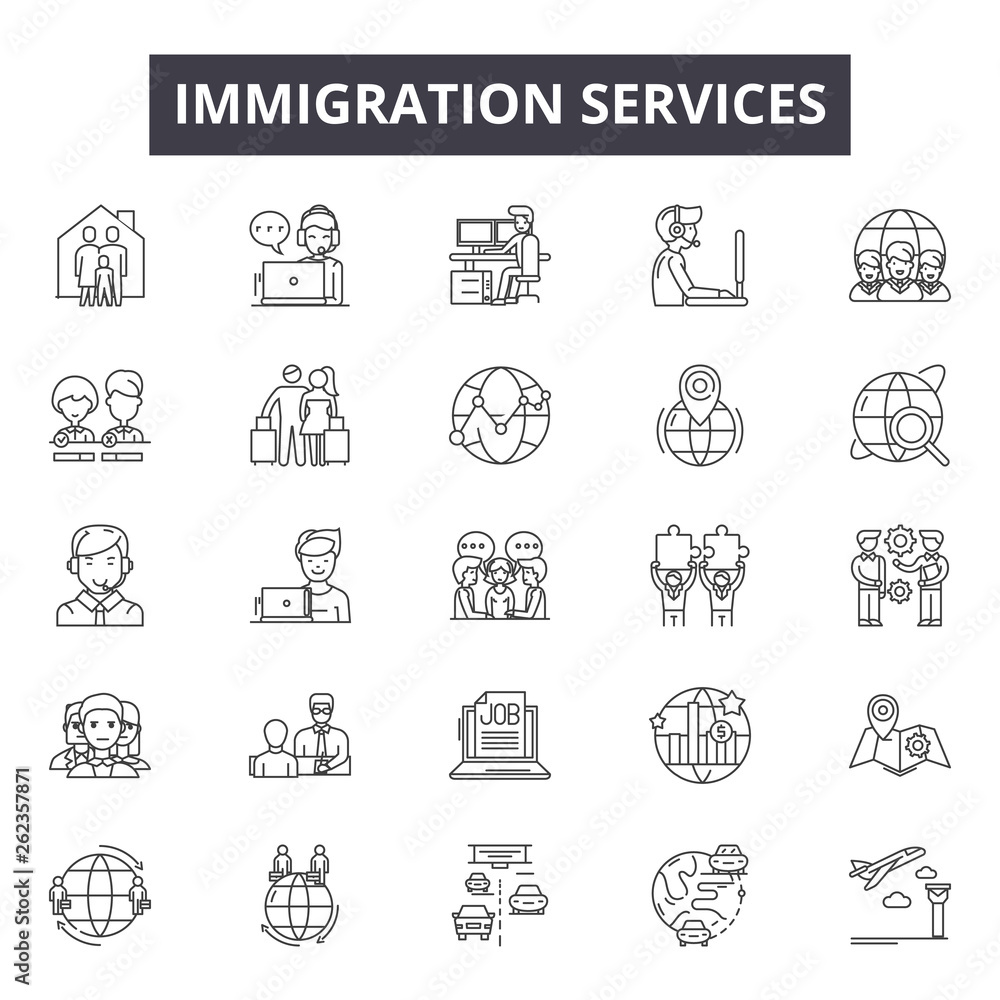 Immigration services line icons, signs set, vector. Immigration ...