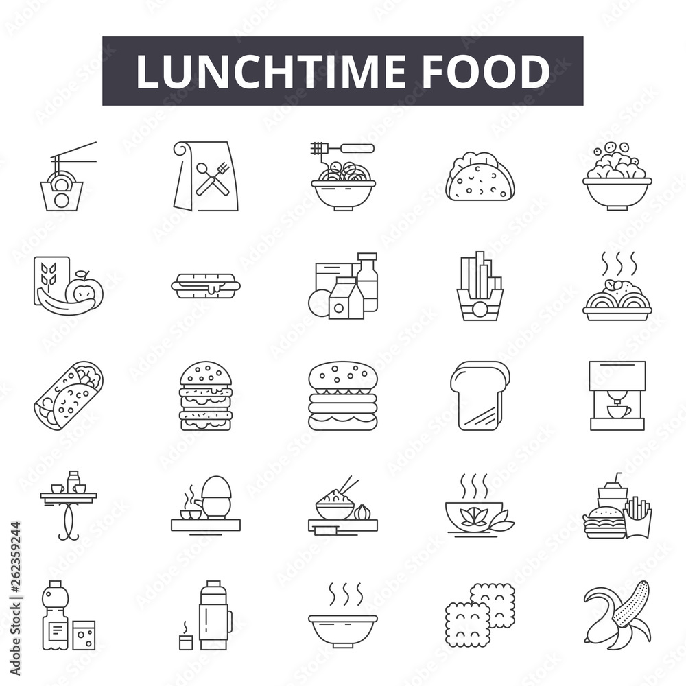 Lunchtime food line icons, signs set, vector. Lunchtime food outline ...