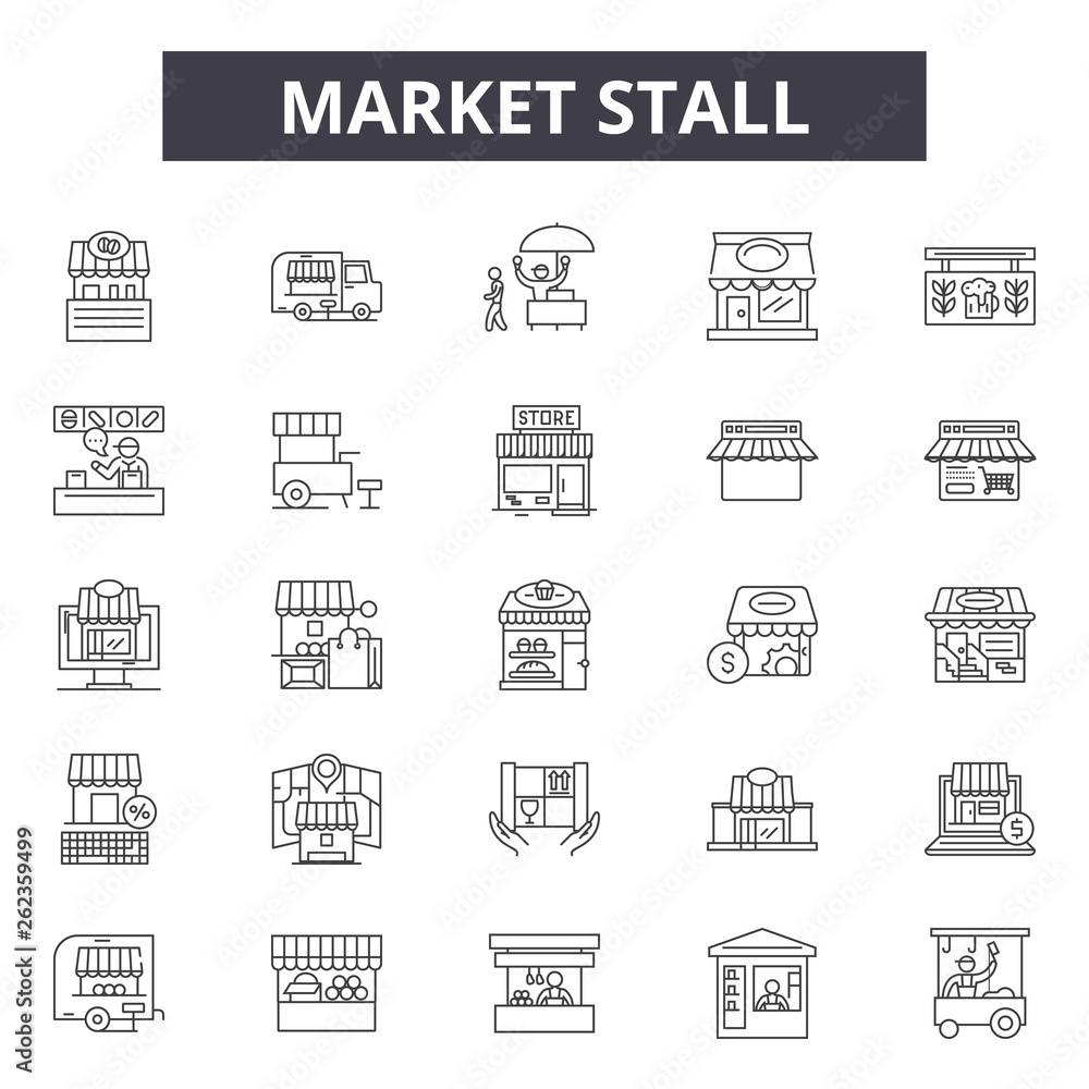 Market stall line icons, signs set, vector. Market stall outline ...