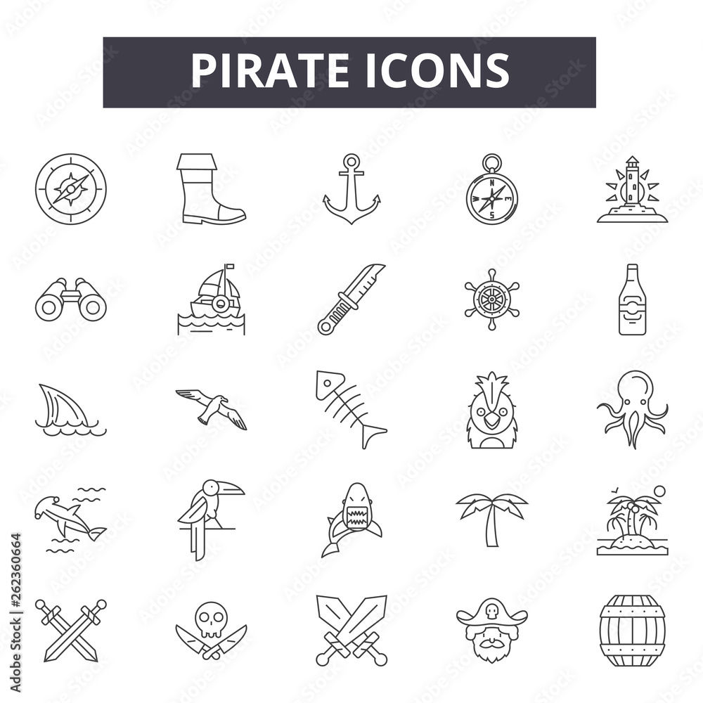 Pirate line icons, signs set, vector. Pirate outline concept ...