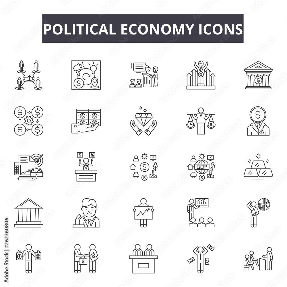 Political economy line icons, signs set, vector. Political economy ...