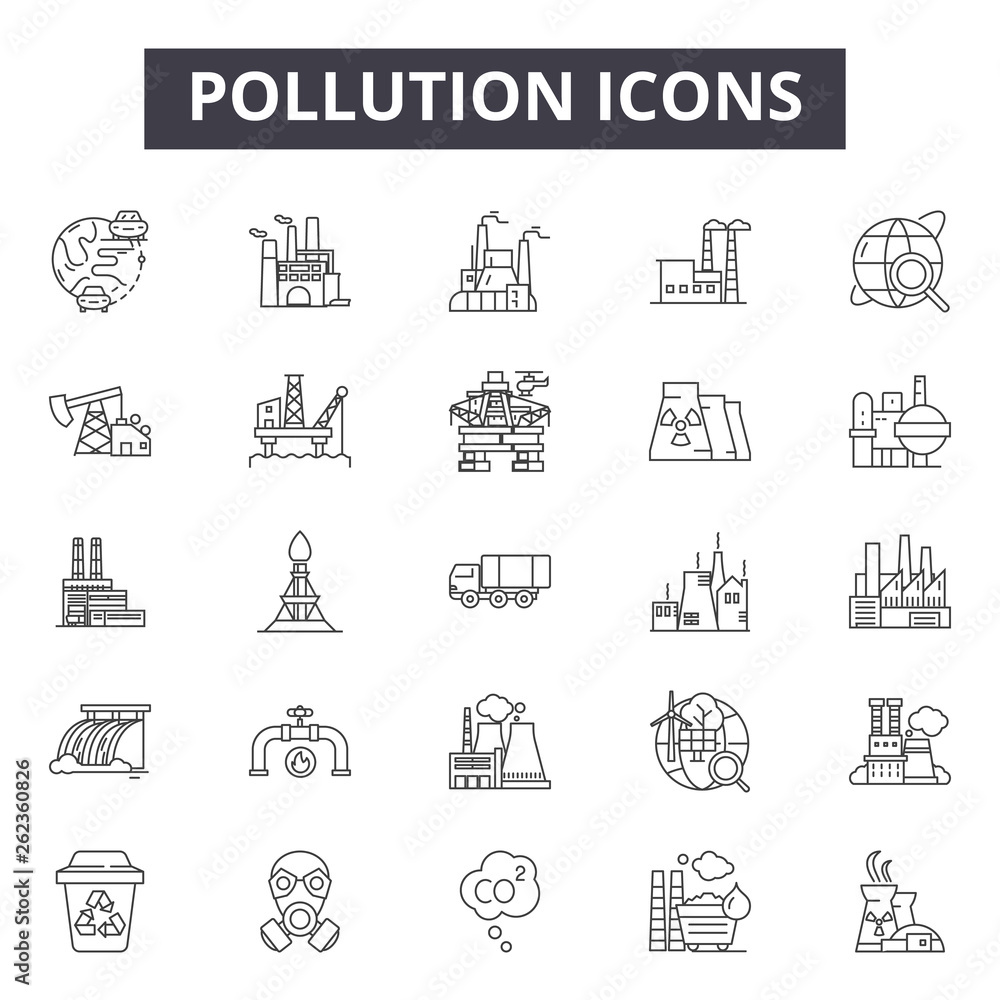 Pollution line icons, signs set, vector. Pollution outline concept ...