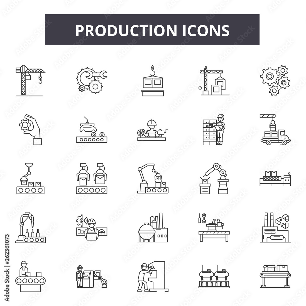 Production line icons, signs set, vector. Production outline concept ...