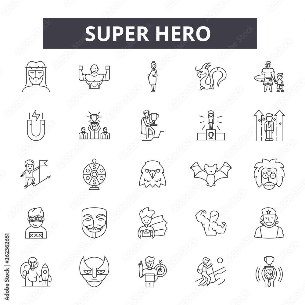 Super hero line icons, signs set, vector. Super hero outline concept ...
