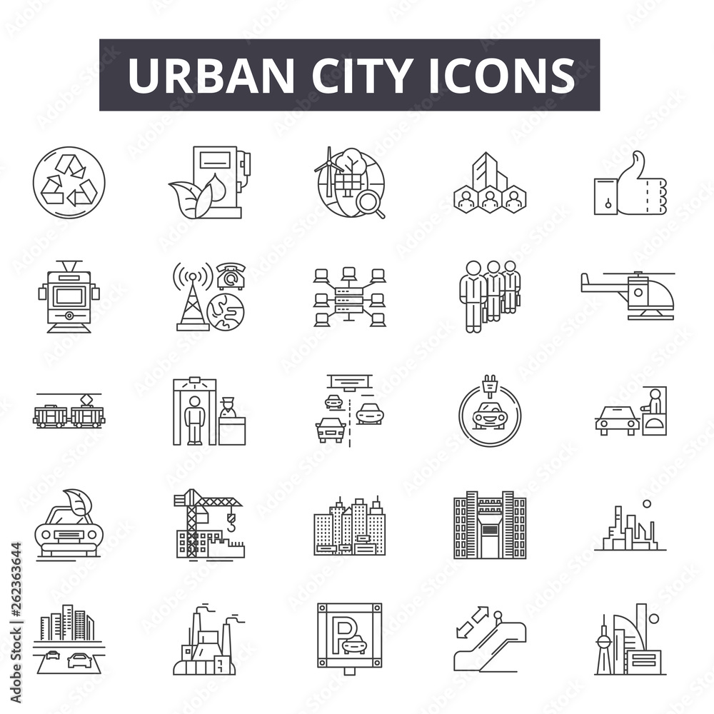 Urban city line icons, signs set, vector. Urban city outline concept ...