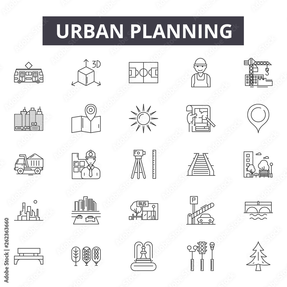 Urban planning line icons, signs set, vector. Urban planning outline ...