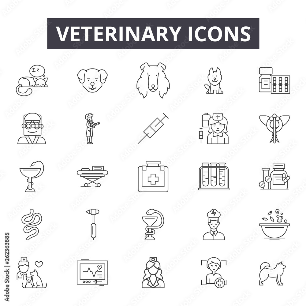 Veterinary line icons, signs set, vector. Veterinary outline concept ...