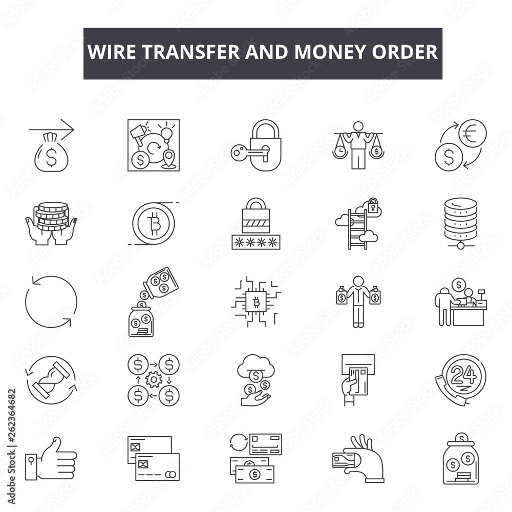 Wire transfer and money order line icons, signs set, vector. Wire ...
