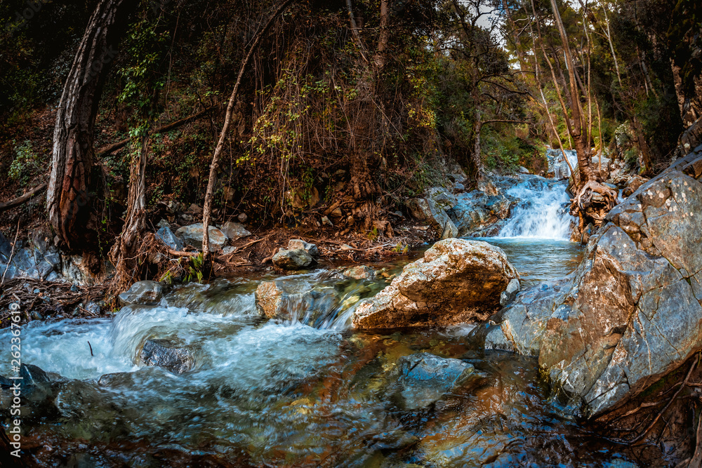 River of Trooditissa (Diplos potamos) which forms Chantara waterfall ...