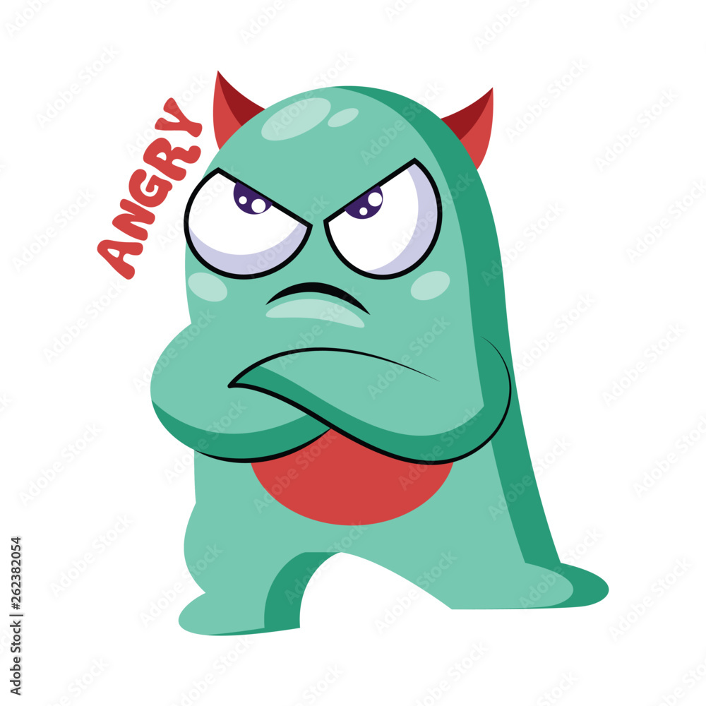 Angry light blue monster with red horns vector illustraton on a white ...
