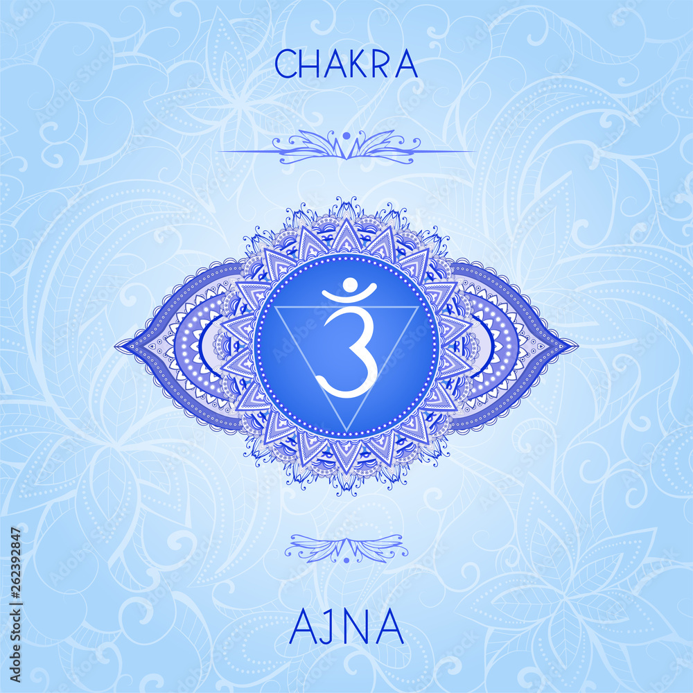 Vector illustration with symbol chakra Ajna on ornamental background ...