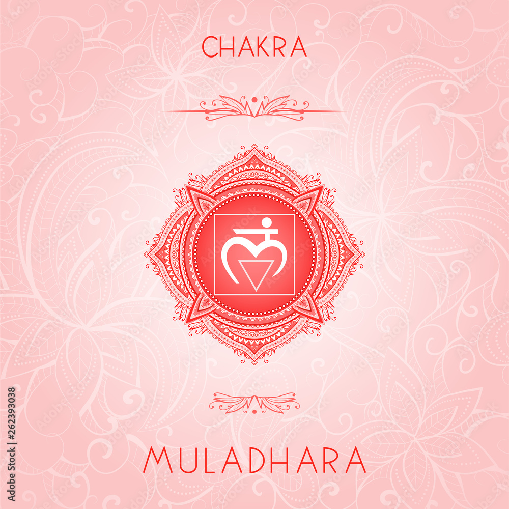 Vector illustration with symbol chakra Muladhara on ornamental ...