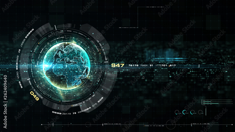 Futuristic motion graphic user interface head up display screen with Holographic Earth and ...
