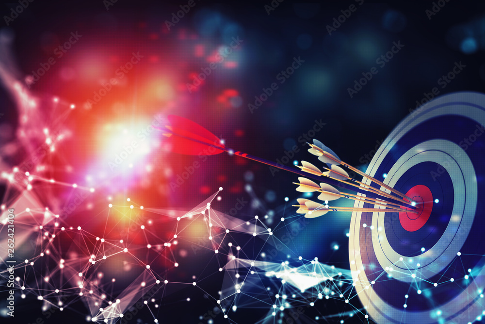 Arrow hit the center of target on abstract background with network ...